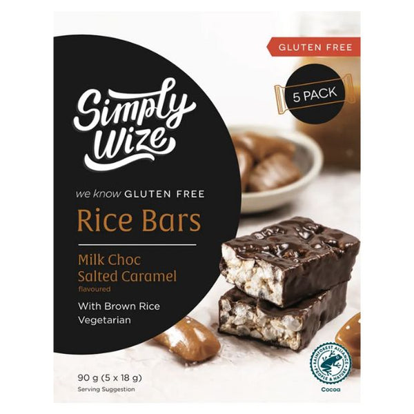 Simply Wize Gluten Free Rice Bars Milk Choc Salted Caramel 90g - Happy ...
